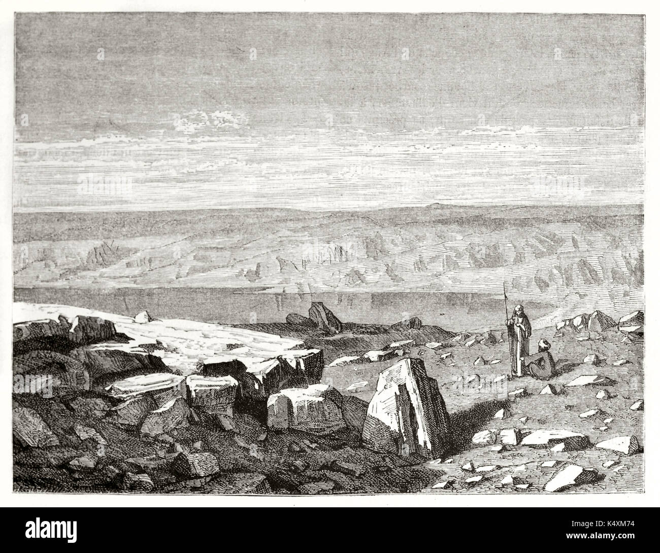 Two ancient small people oriental dressed, on a vast rocky landscape ...