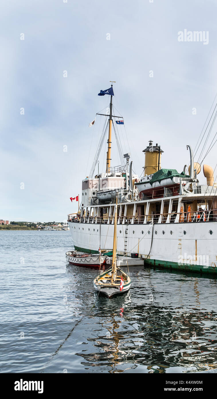 A steam powered frigate with mast tied up to dock in Halifax, Nova ...