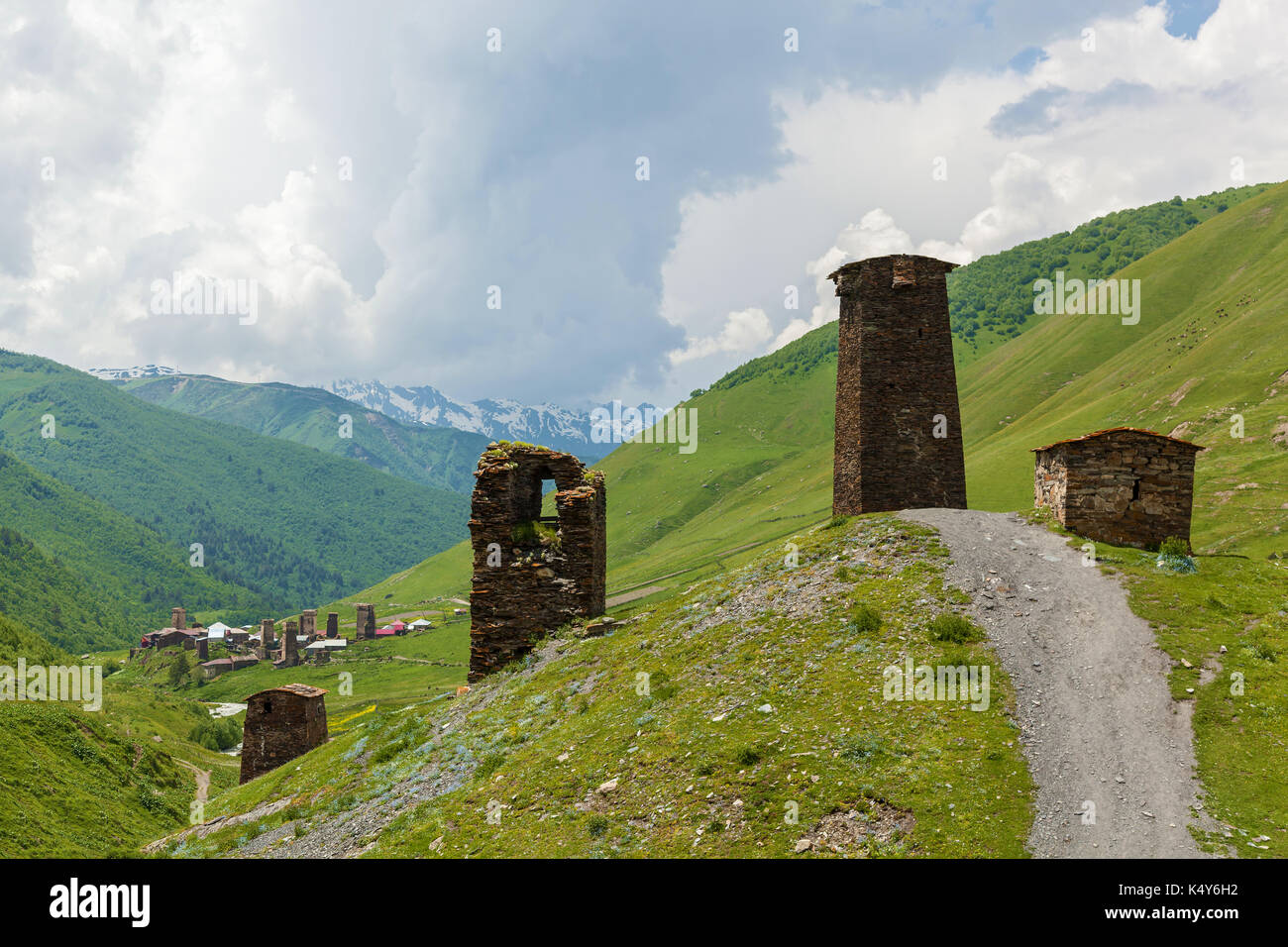 Svan fortresses view of ancient Svan tower in village Ushguli. Svaneti ...