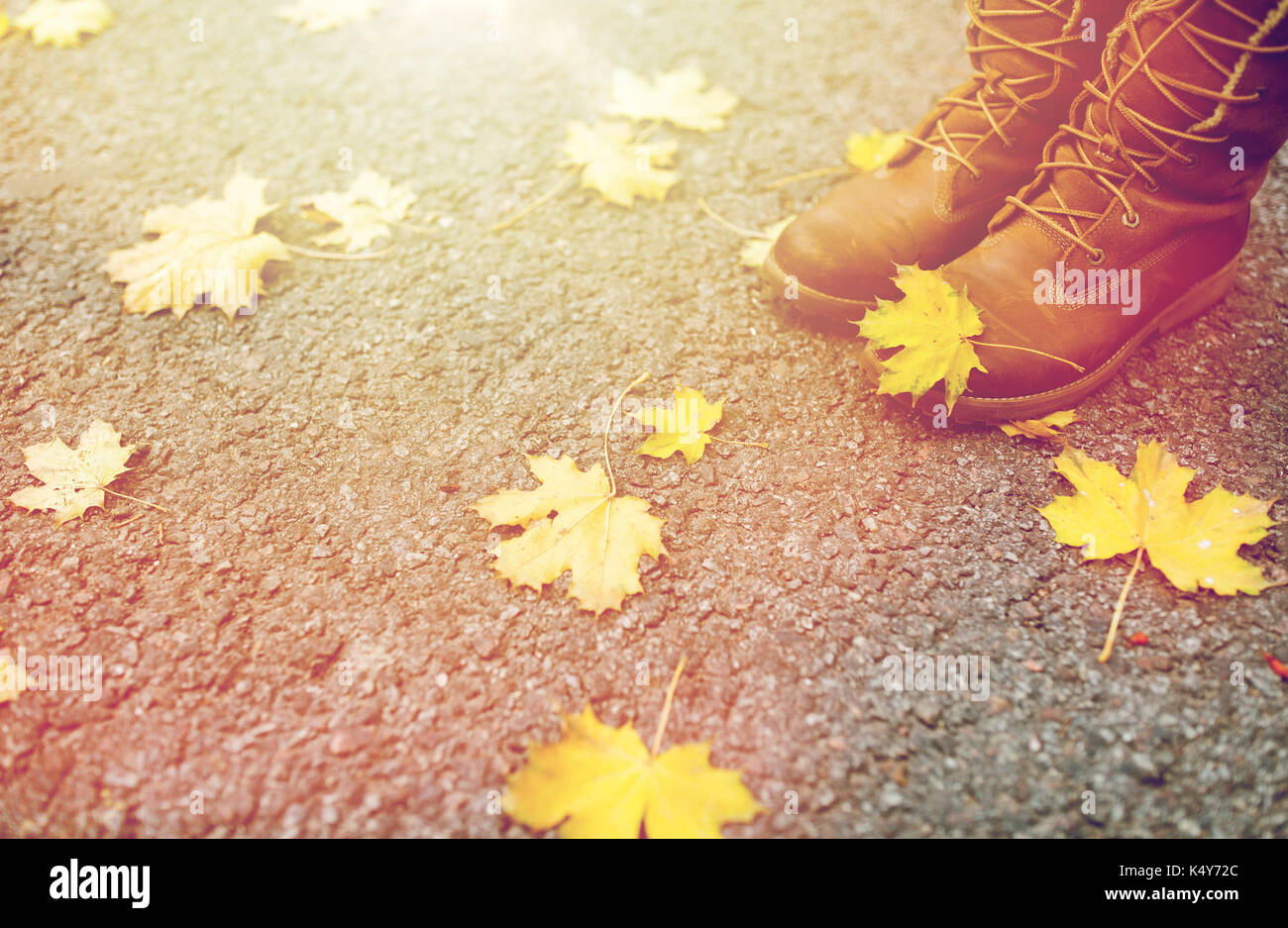 female feet in boots and autumn leaves Stock Photo - Alamy