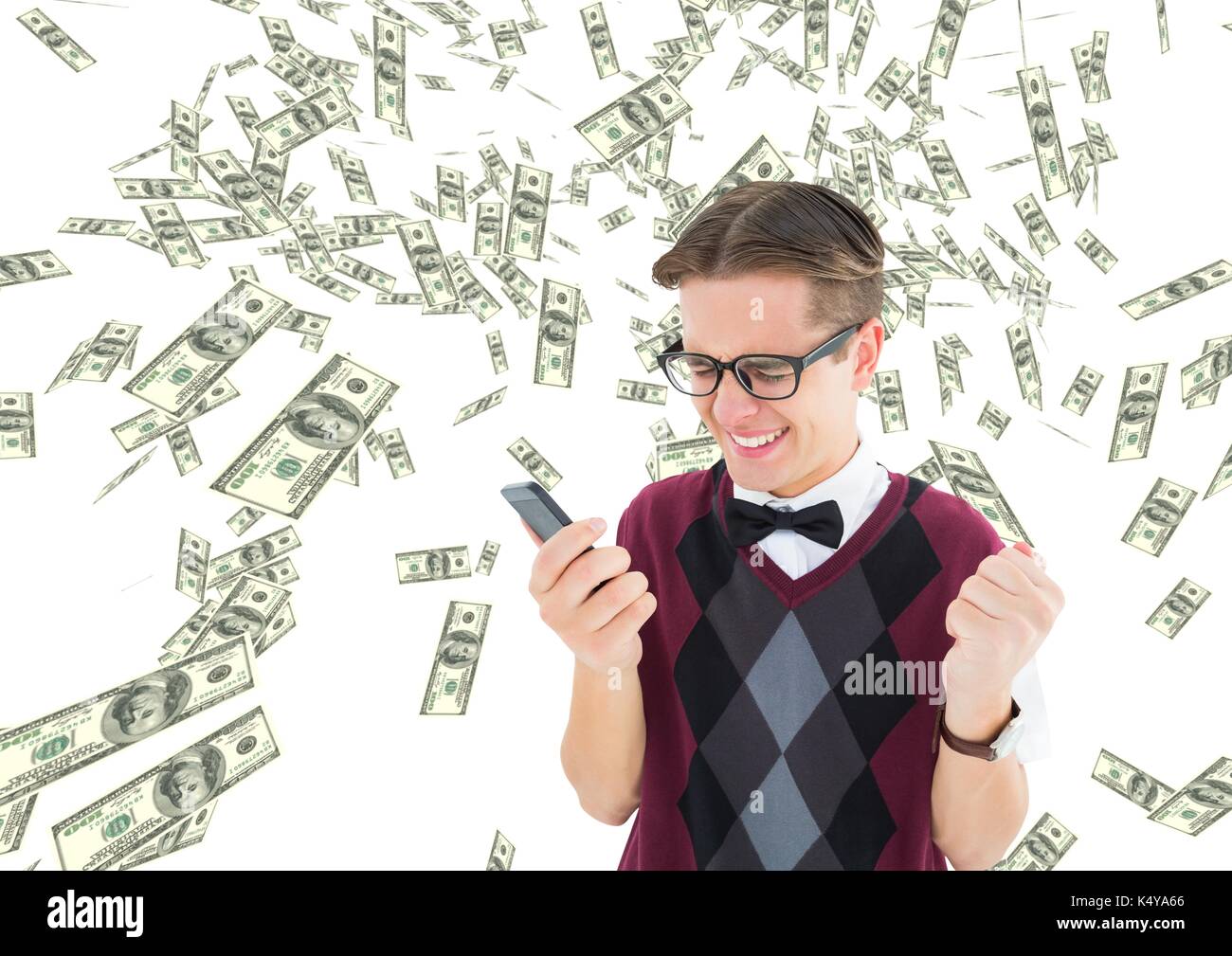 Digital composite of texting money. Young friki man celebrating with ...