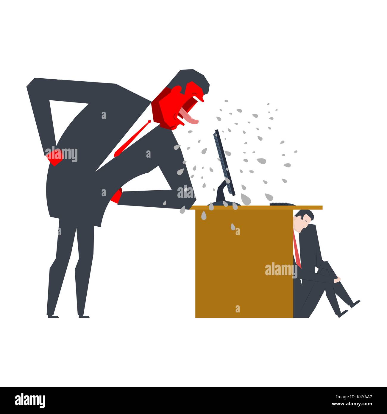 Angry Boss is scolding manager. manager is hiding under table. Office ...