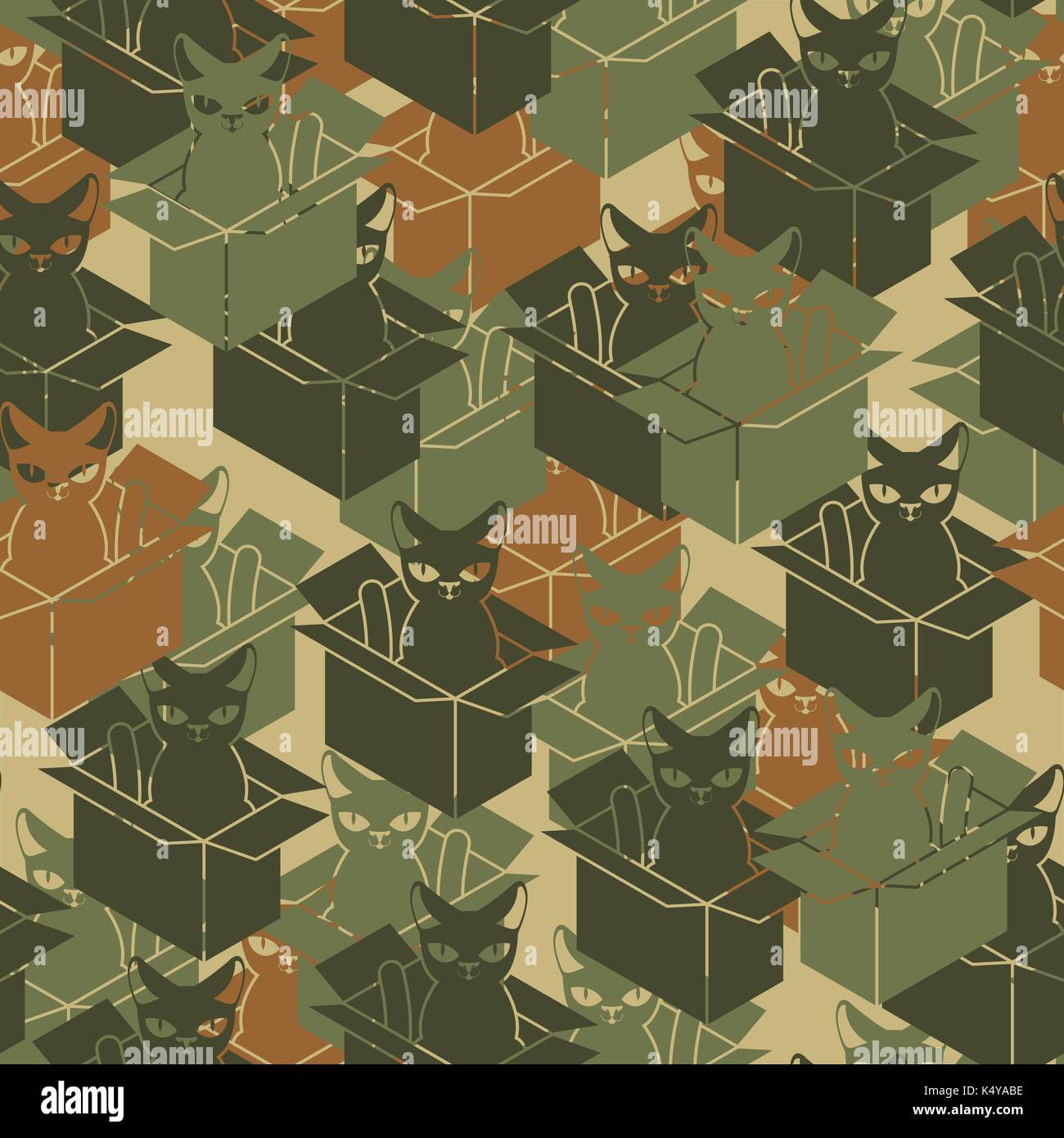Cat in box military pattern. Pet in cardboard box army background ...