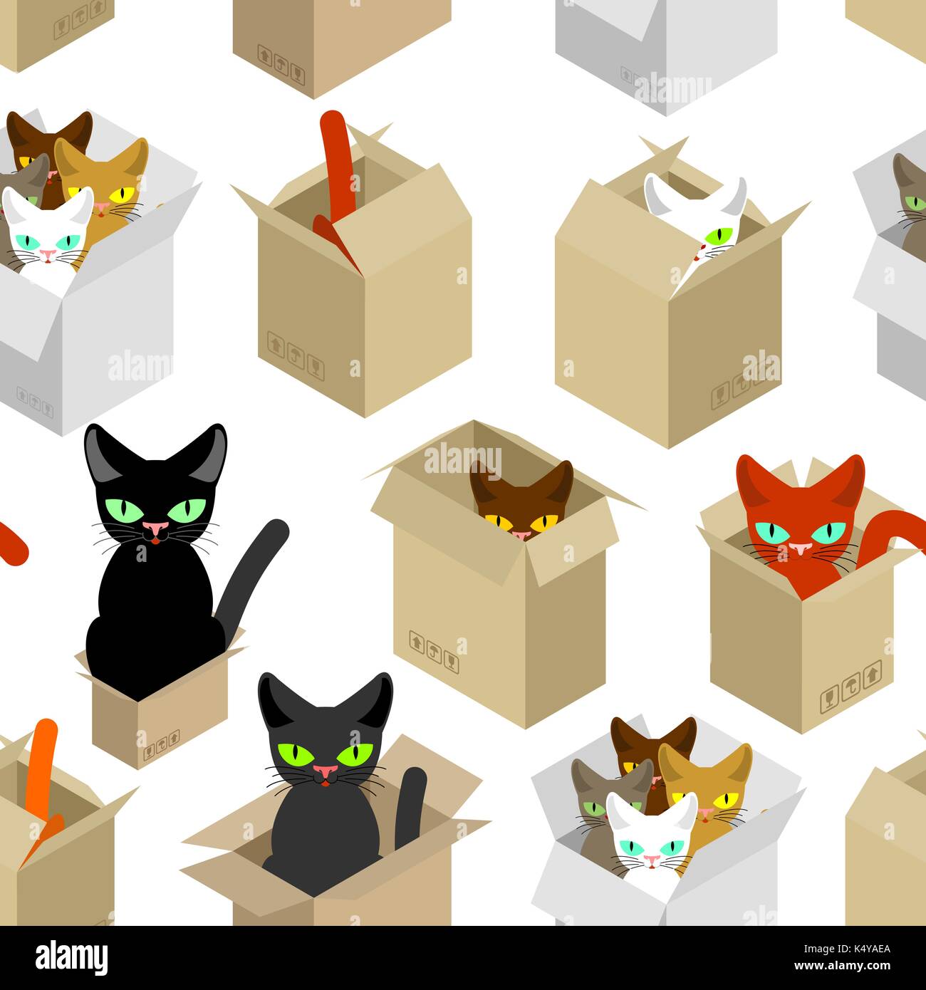 Cat in box pattern. Pet in cardboard box background. vector texture ...