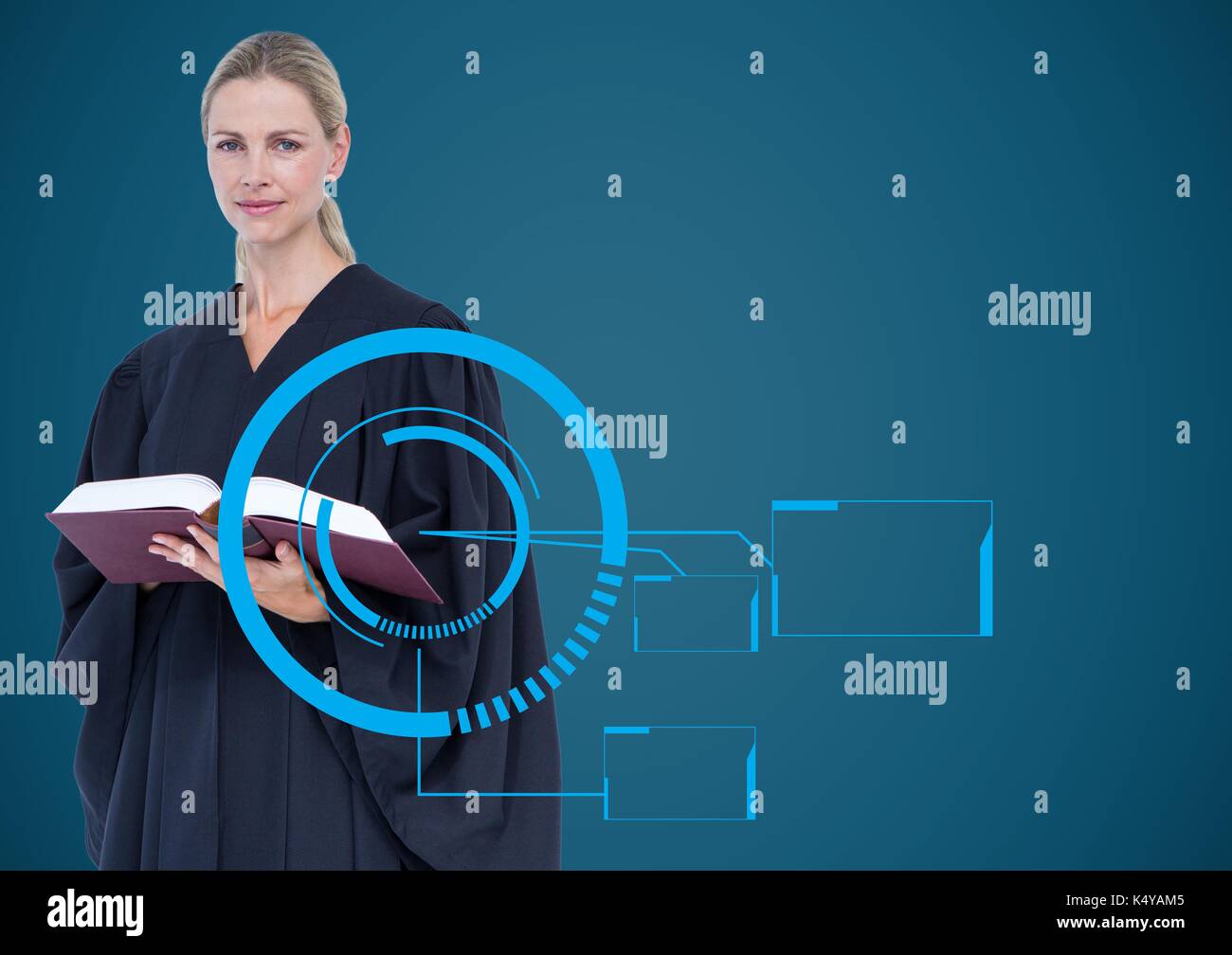 Digital composite of Female judge with book and blue interface against ...
