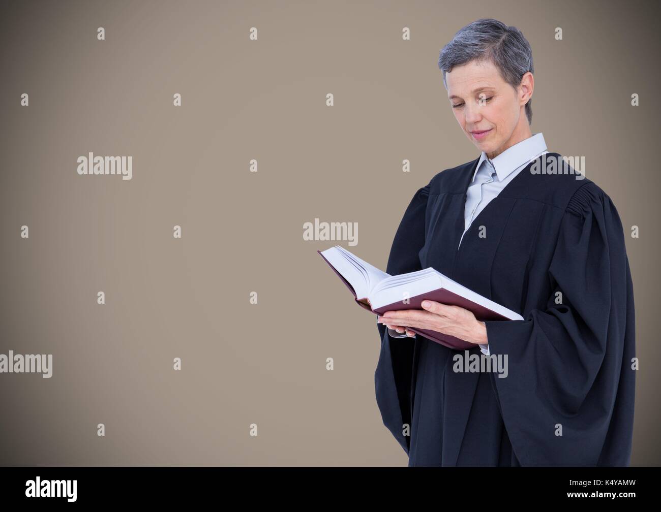 Digital composite of Female judge reading against brown background ...