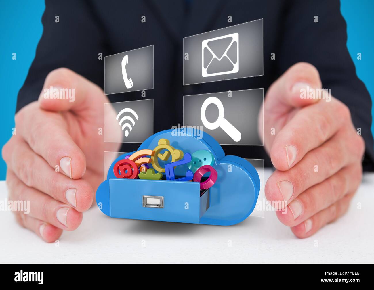 Digital composite of hands with application icons on a cloud and with ...