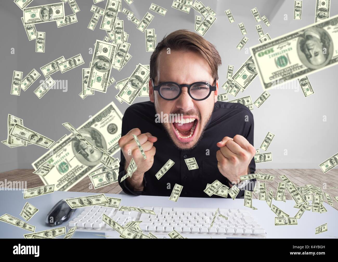 Digital composite of texting money. very happy man shouting in front of ...