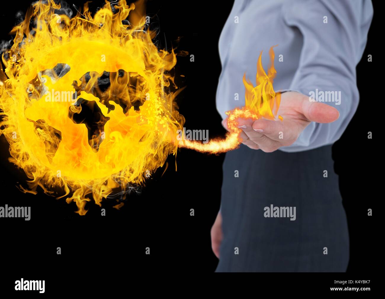 Digital composite of woman with hand spread of with earth fire icon ...