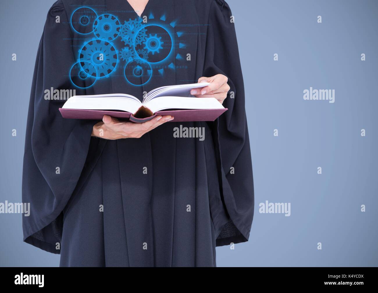 Digital composite of Judge mid section with blue interface and book ...