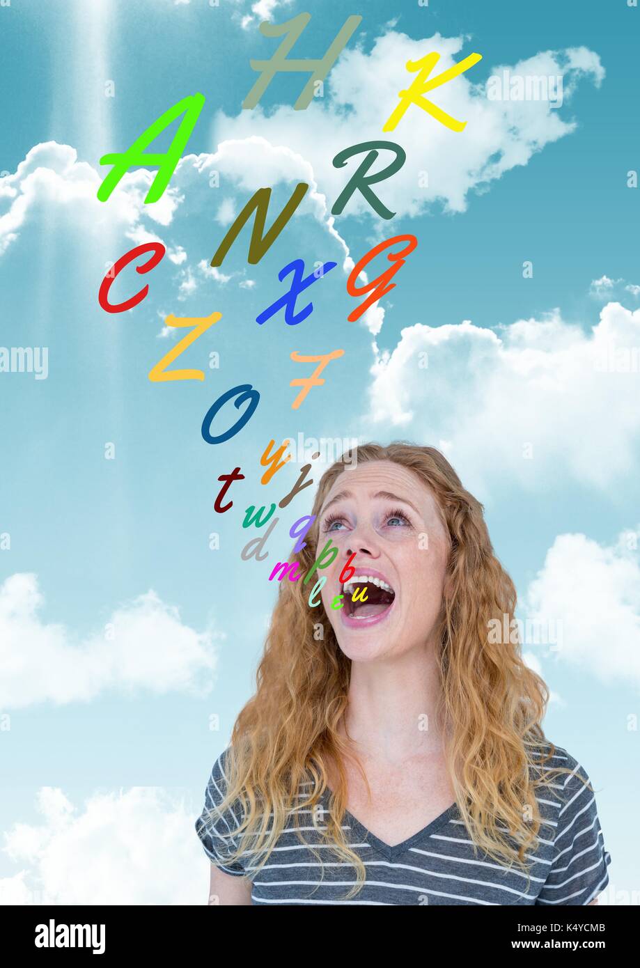 Digital composite of young woman shouting with colour letters coming up ...