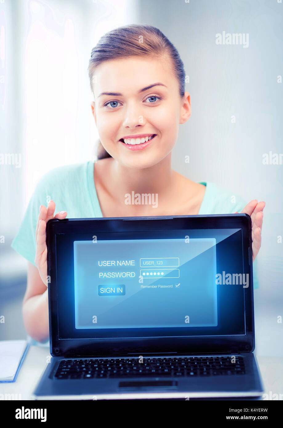 woman with laptop computer and virtual screen Stock Photo - Alamy