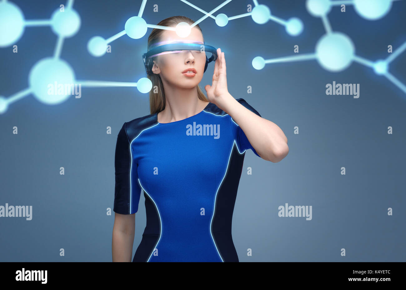 woman in virtual reality 3d glasses with molecules Stock Photo - Alamy