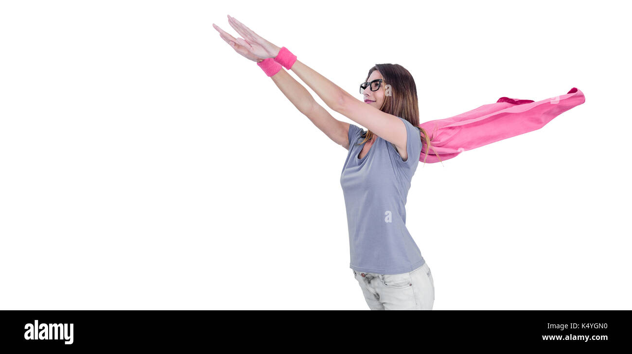Woman in superhero costume pretending to fly on white background Stock ...