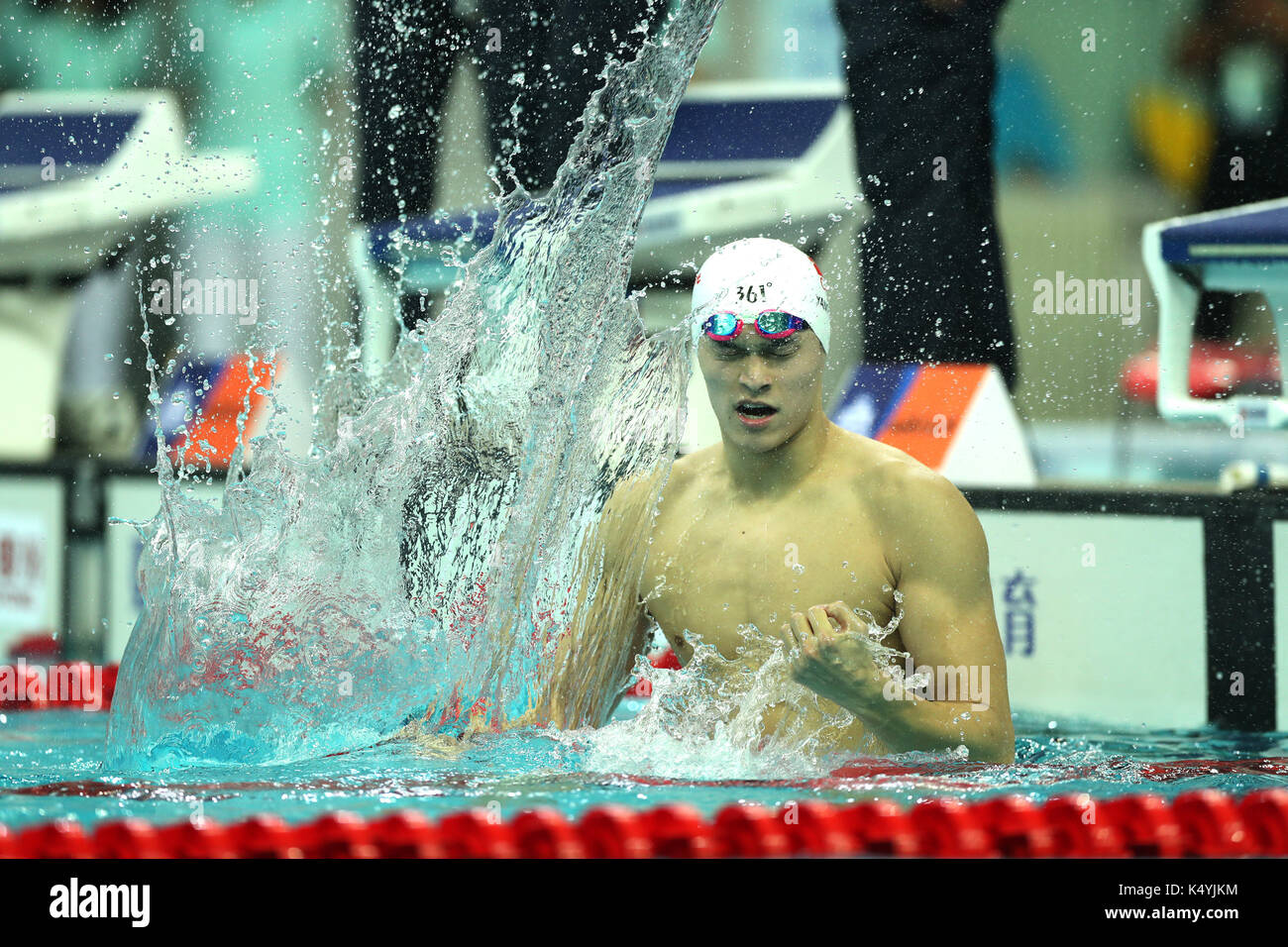 Tianjin. 7th Sep, 2017. Sun Yang of Zhejiang celebrates after the men's ...