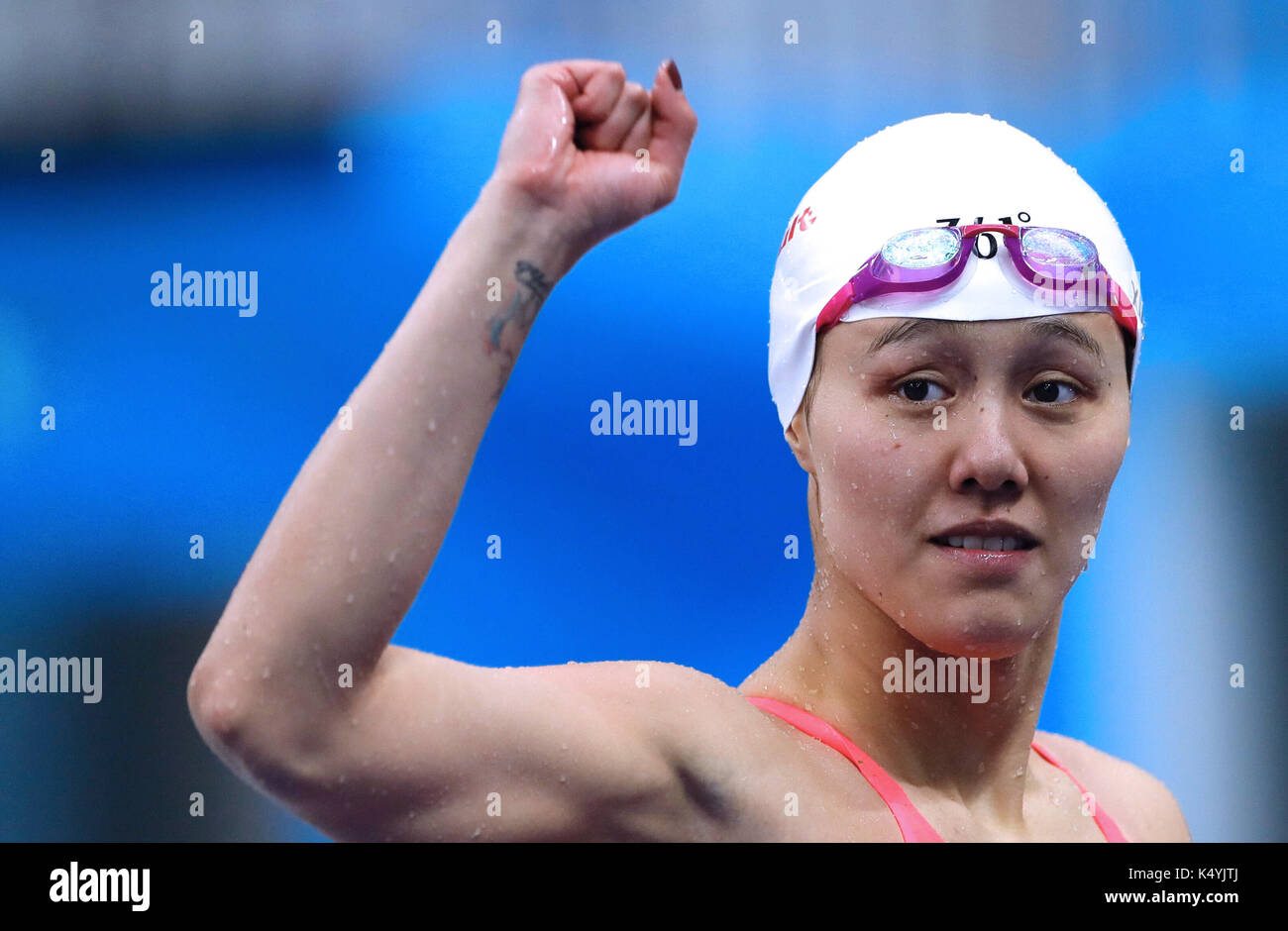 Tianjin. 7th Sep, 2017. Liu Xiang of Guangdong celebrates after the ...