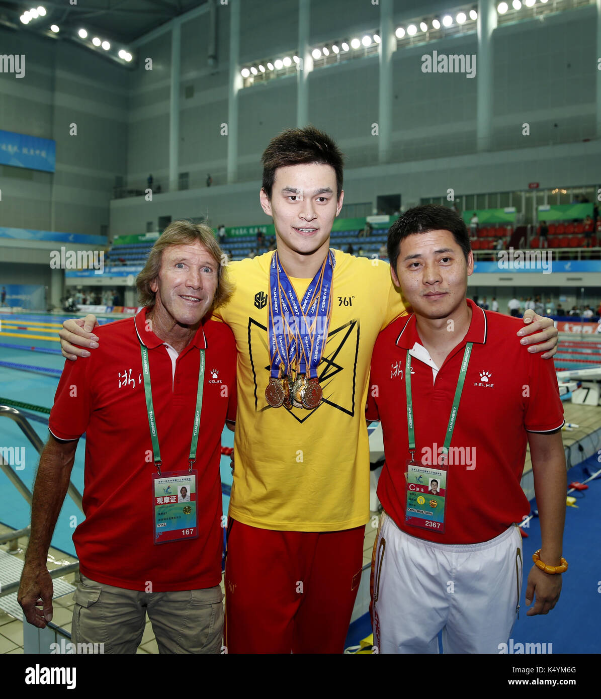 Tianjin. 7th Sep, 2017. Sun Yang (C) of Zhejiang shows all his medals ...