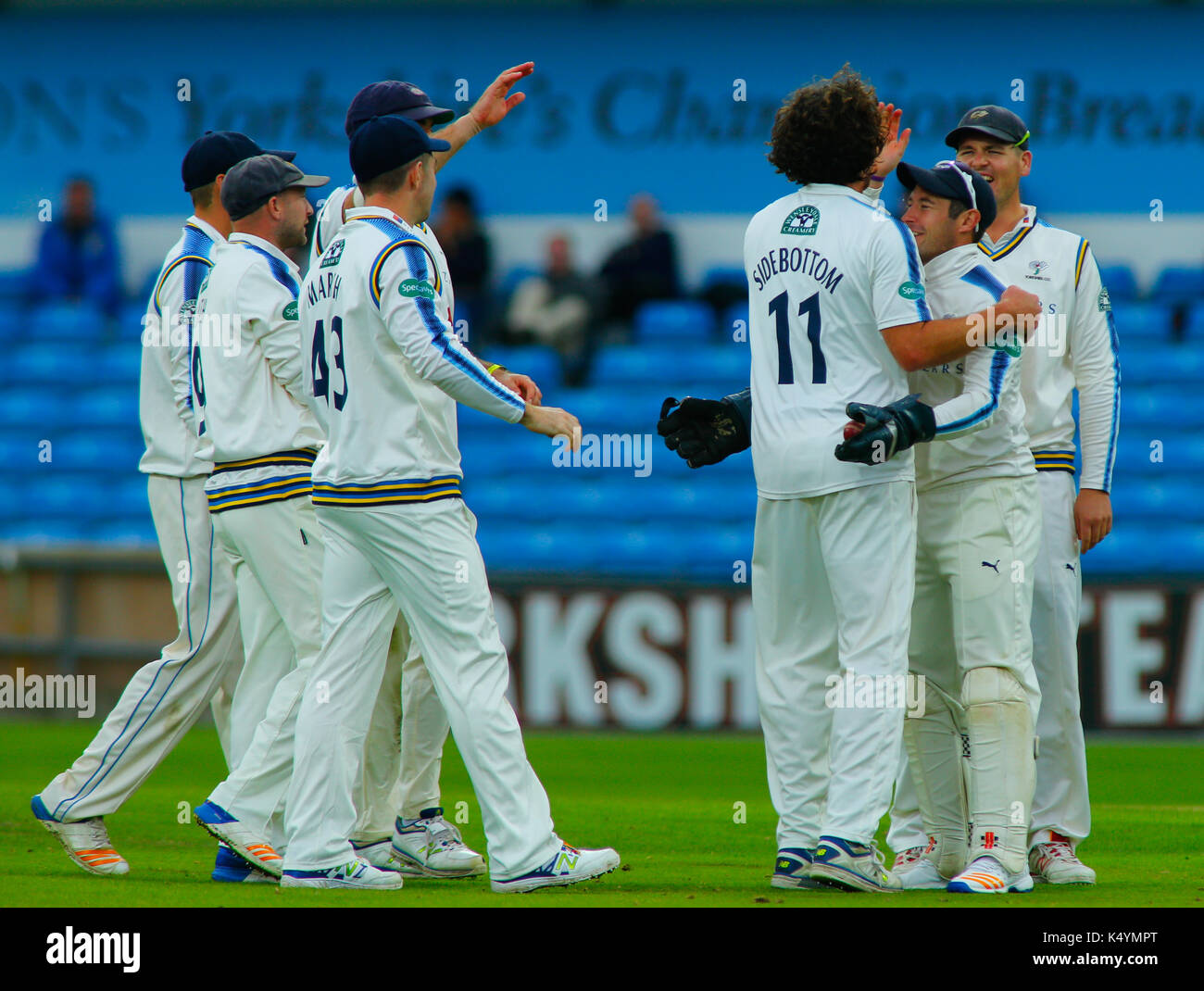 Leeds, UK. 07th Sep, 2017. Ryan Sidebottom of Yorkshire CCC celebrates ...