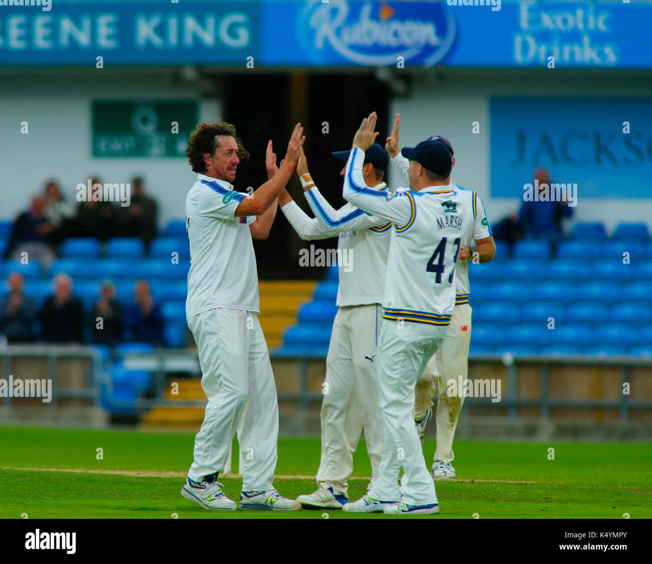 Leeds, UK. 07th Sep, 2017. Ryan Sidebottom of Yorkshire CCC celebrates ...