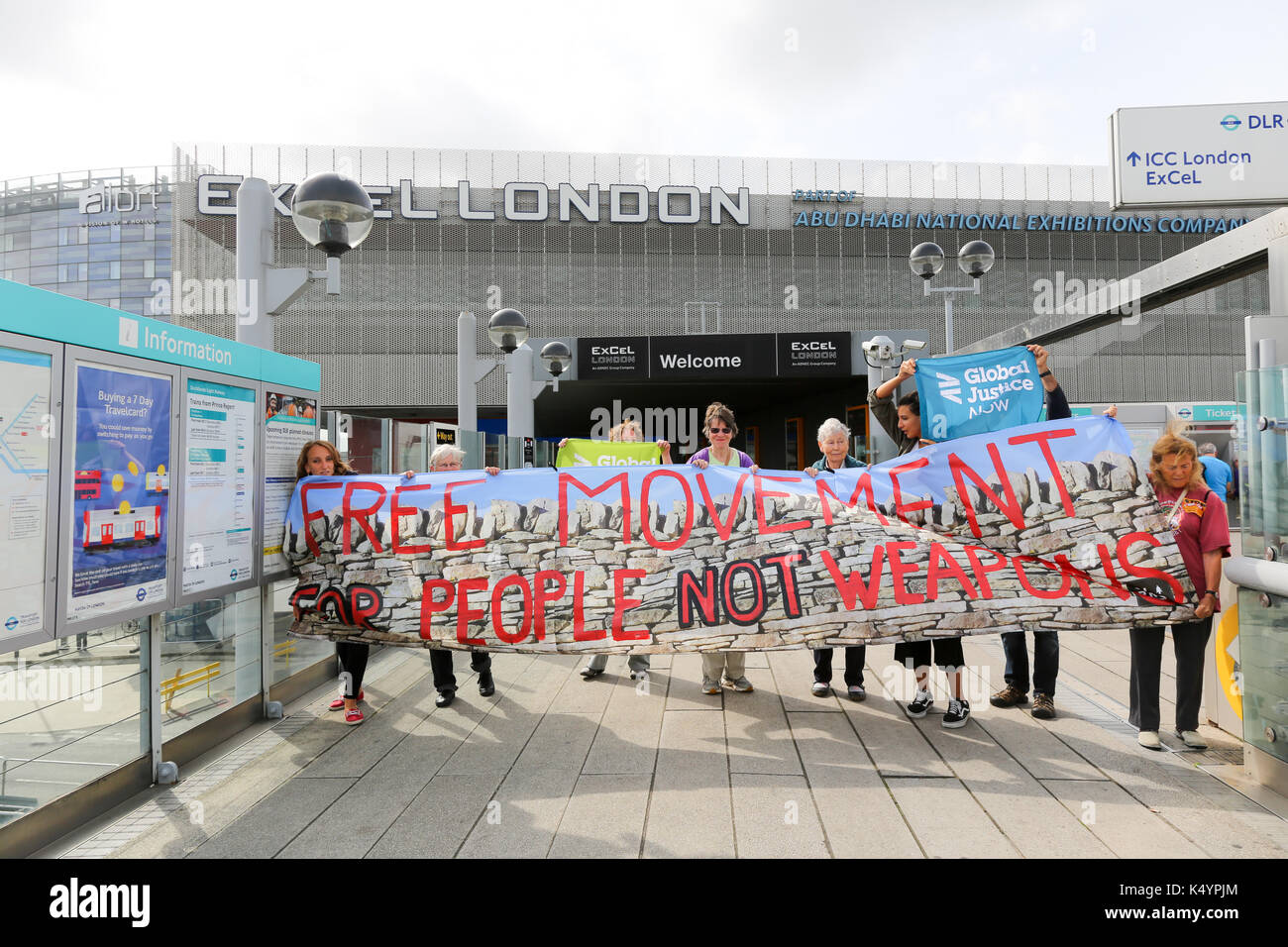 London, UK. 7th Sept, 2017.Protest at the DSEI Arms Fair. Free movement ...