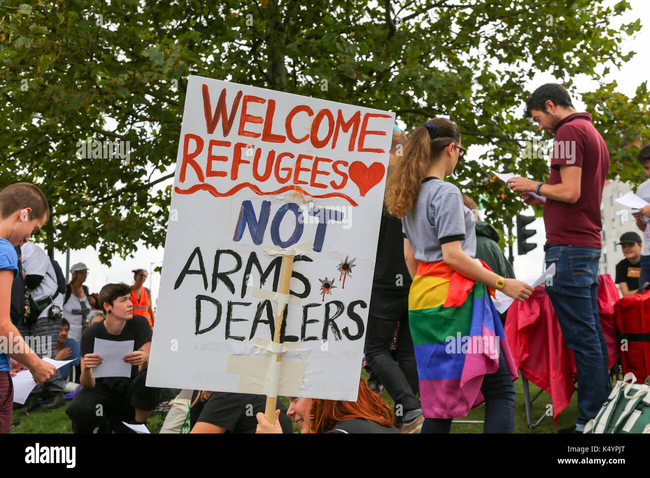 London, UK. 7th Sept, 2017.Protest at the DSEI Arms Fair. Free movement ...