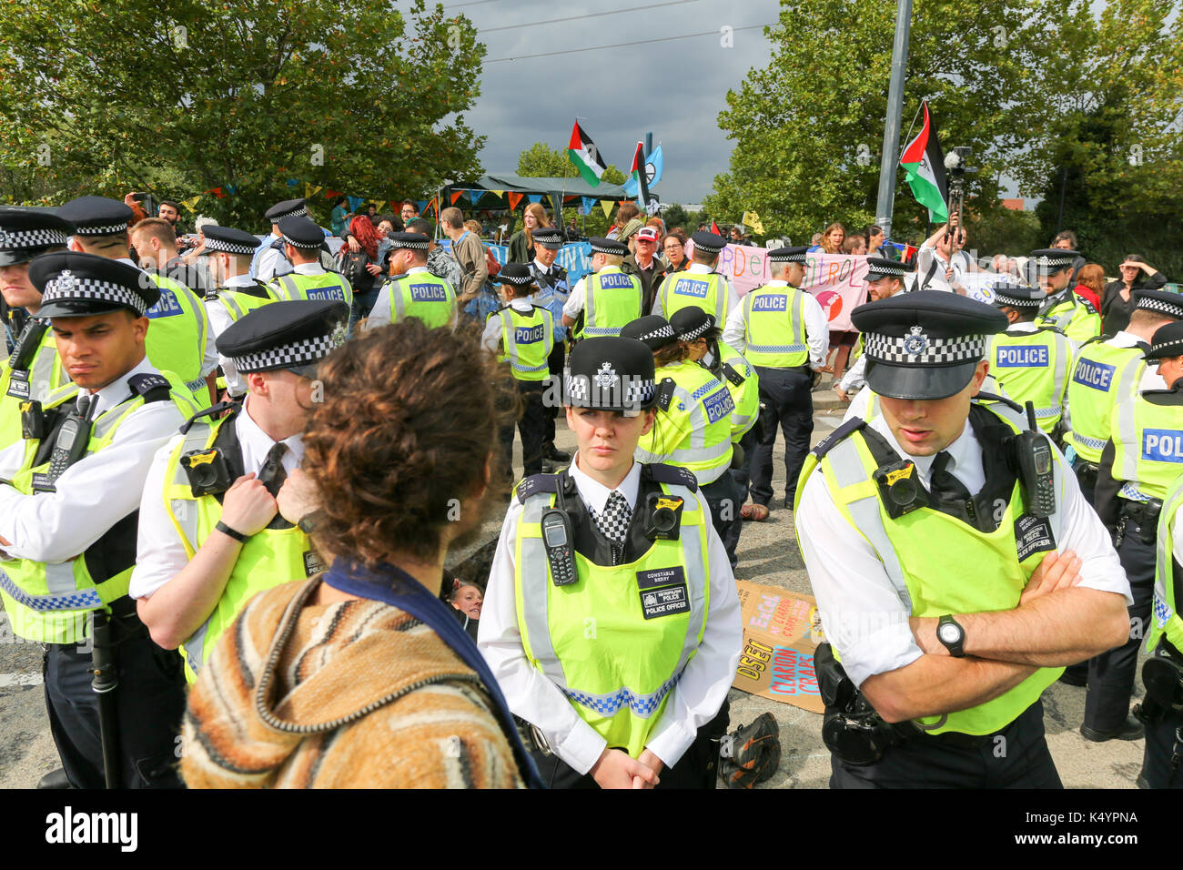 London, UK. 7th Sept, 2017.Protest at the DSEI Arms Fair. Free movement ...