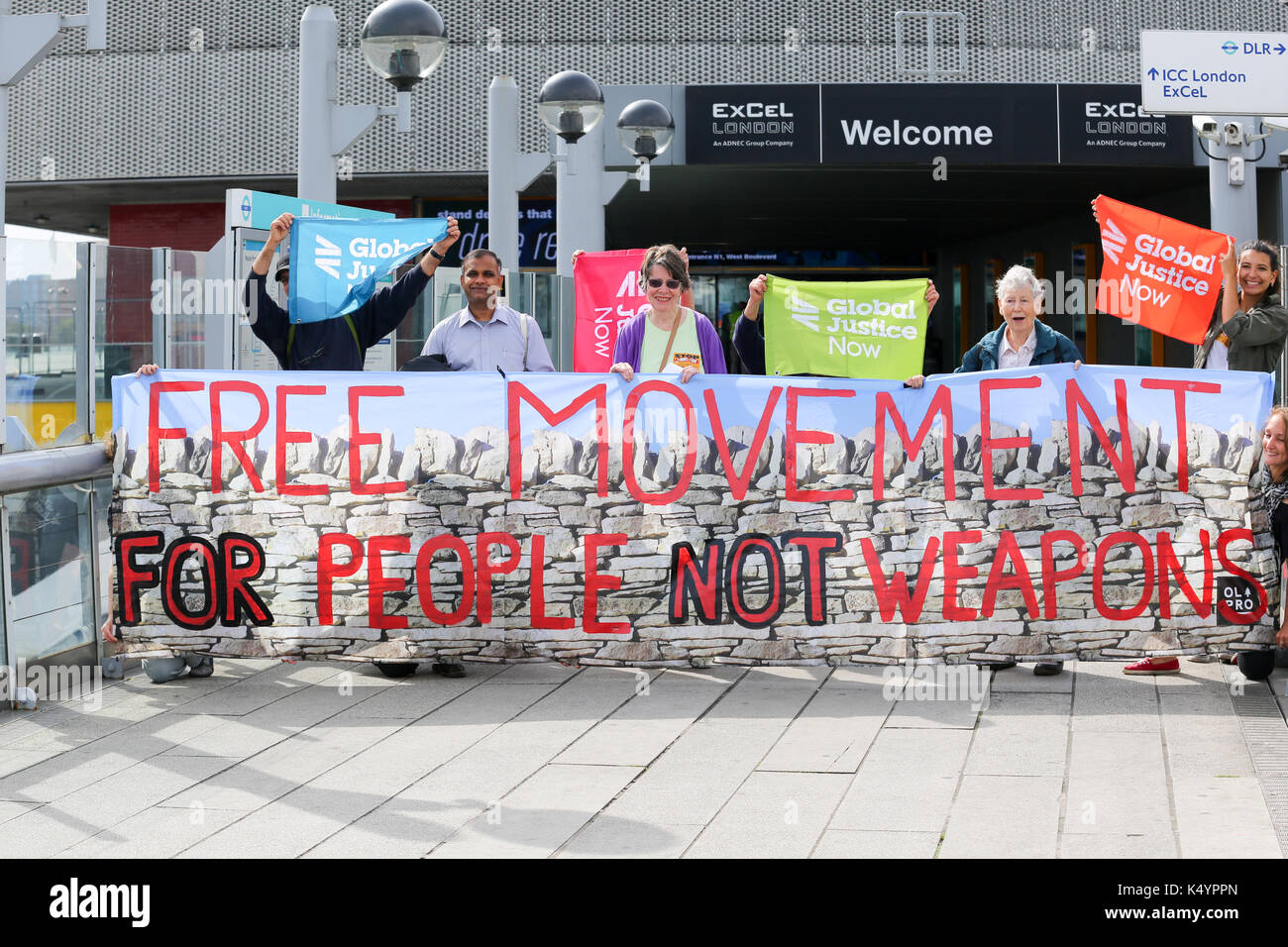 London, UK. 7th Sept, 2017.Protest at the DSEI Arms Fair. Free movement ...