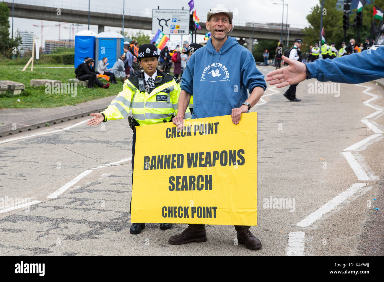 London, UK. 7th Sep, 2017. Veterans for Peace set up a checkpoint to ...