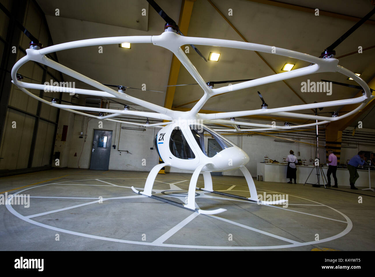 Stuttgart, Germany. 29th Aug, 2017. A volocopter can be seen during an ...