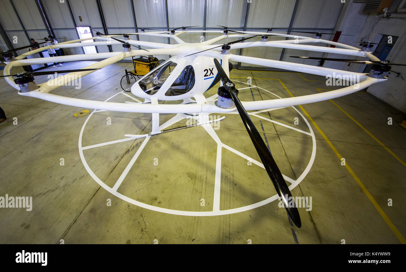 Stuttgart, Germany. 29th Aug, 2017. A volocopter can be seen during an ...
