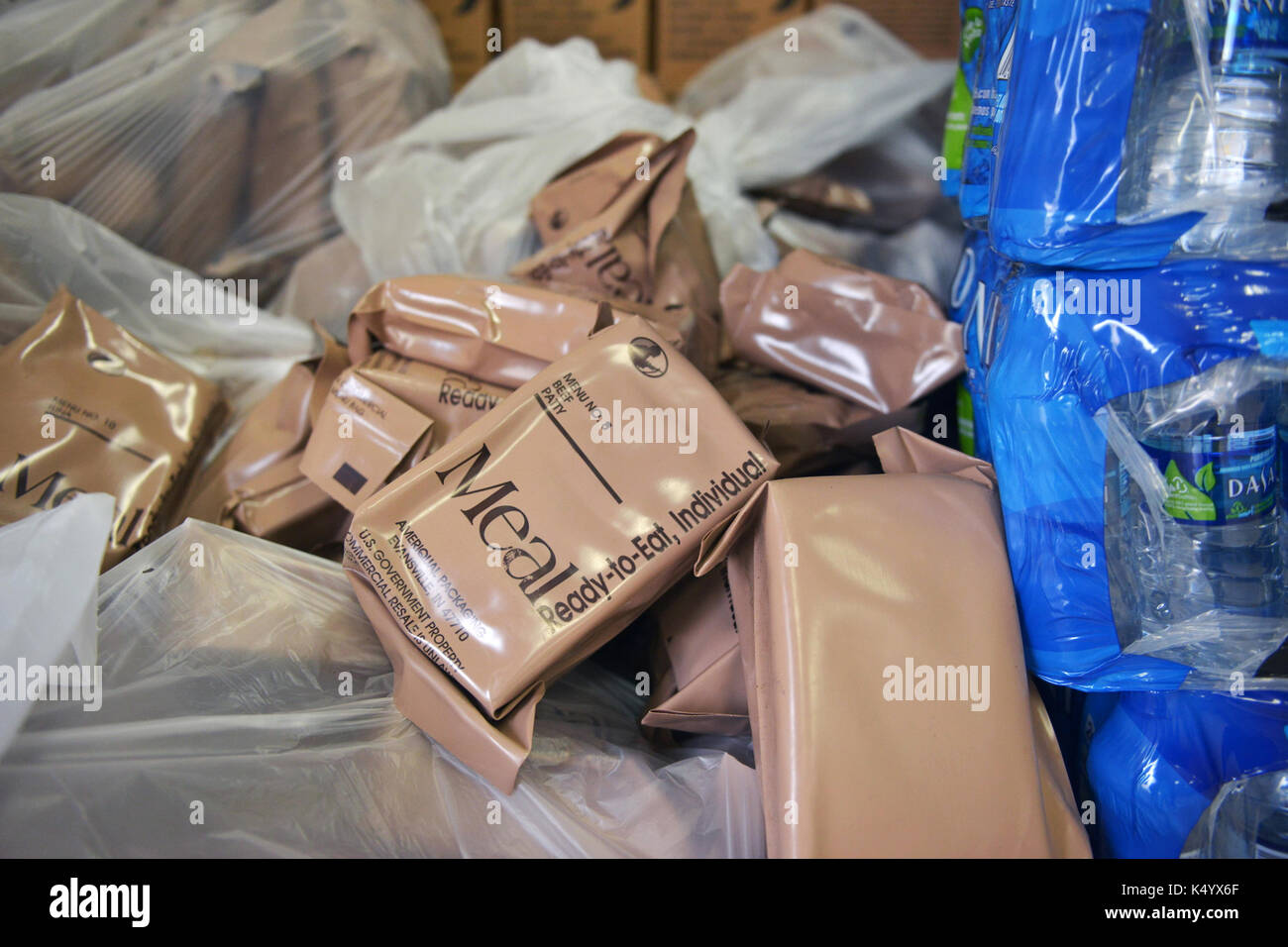 Meals ready to eat and water in preparation for hurricane Stock Photo ...