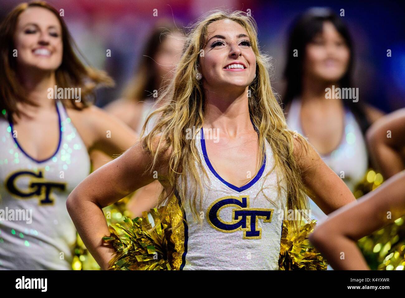 A Georgia Tech cheerleader during the NCAA Chick-fil-A Kickoff College ...