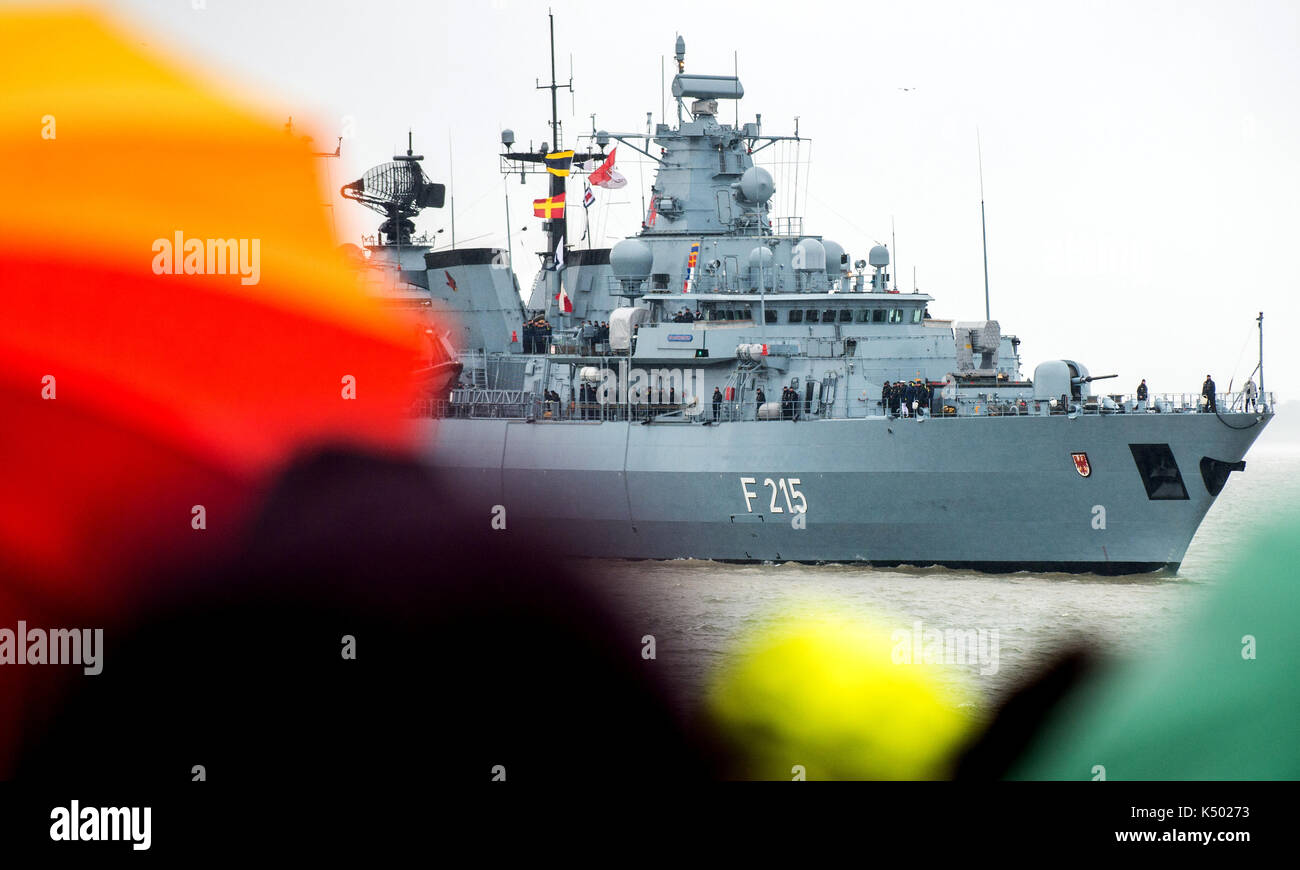 Wilhelmshaven, Germany. 8th Sep, 2017. The frigate "Brandenburg" is ...