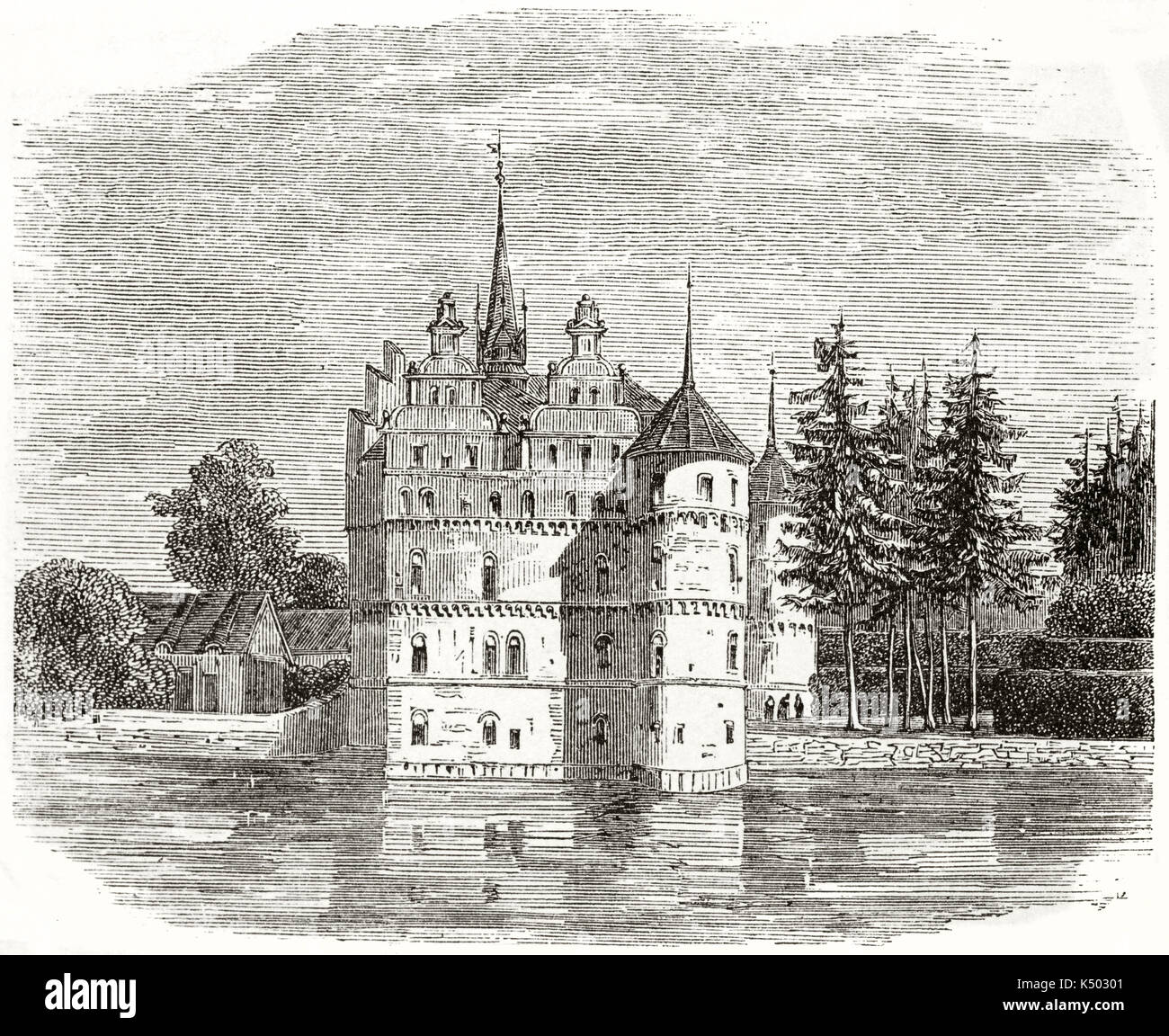 Front view of a wonderful castle. It seems rising from the water. Old ...