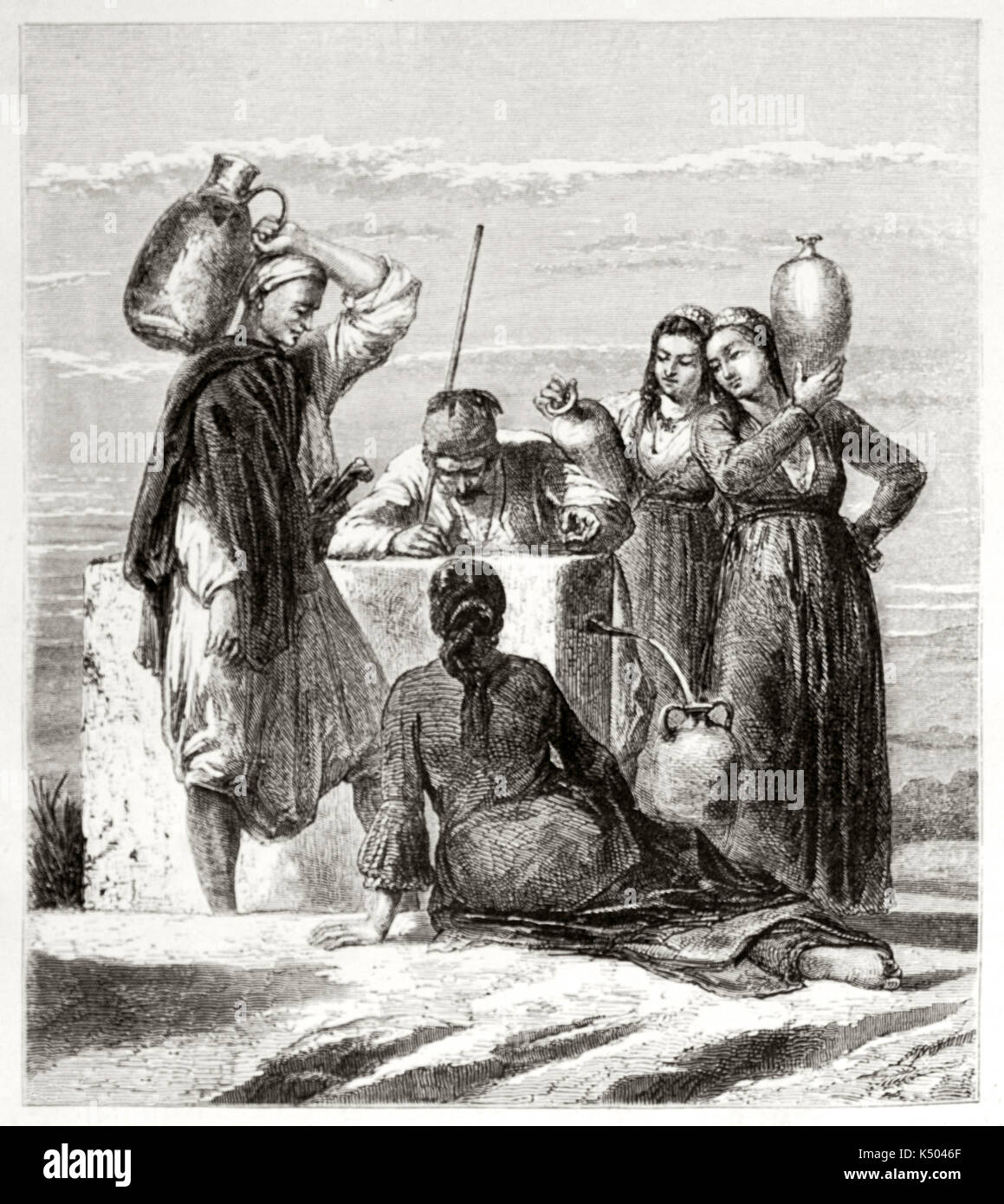 Old illustration of Greek peasants in Attica taking water from a ...