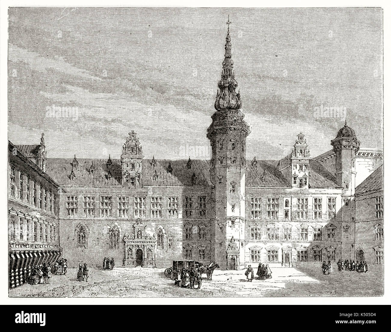 Ancient front facade of a european big palace on a vast square with ...