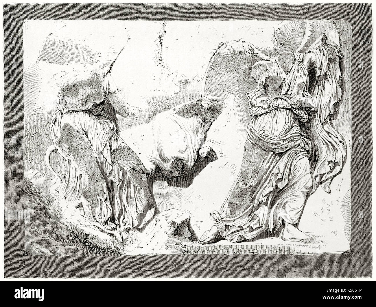 Old engraved reproduction of a high relief metope sculpted by Phidia in ...