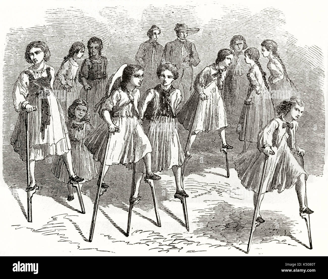 Old illustration of girls playing on stilts. Created by Lancelot ...