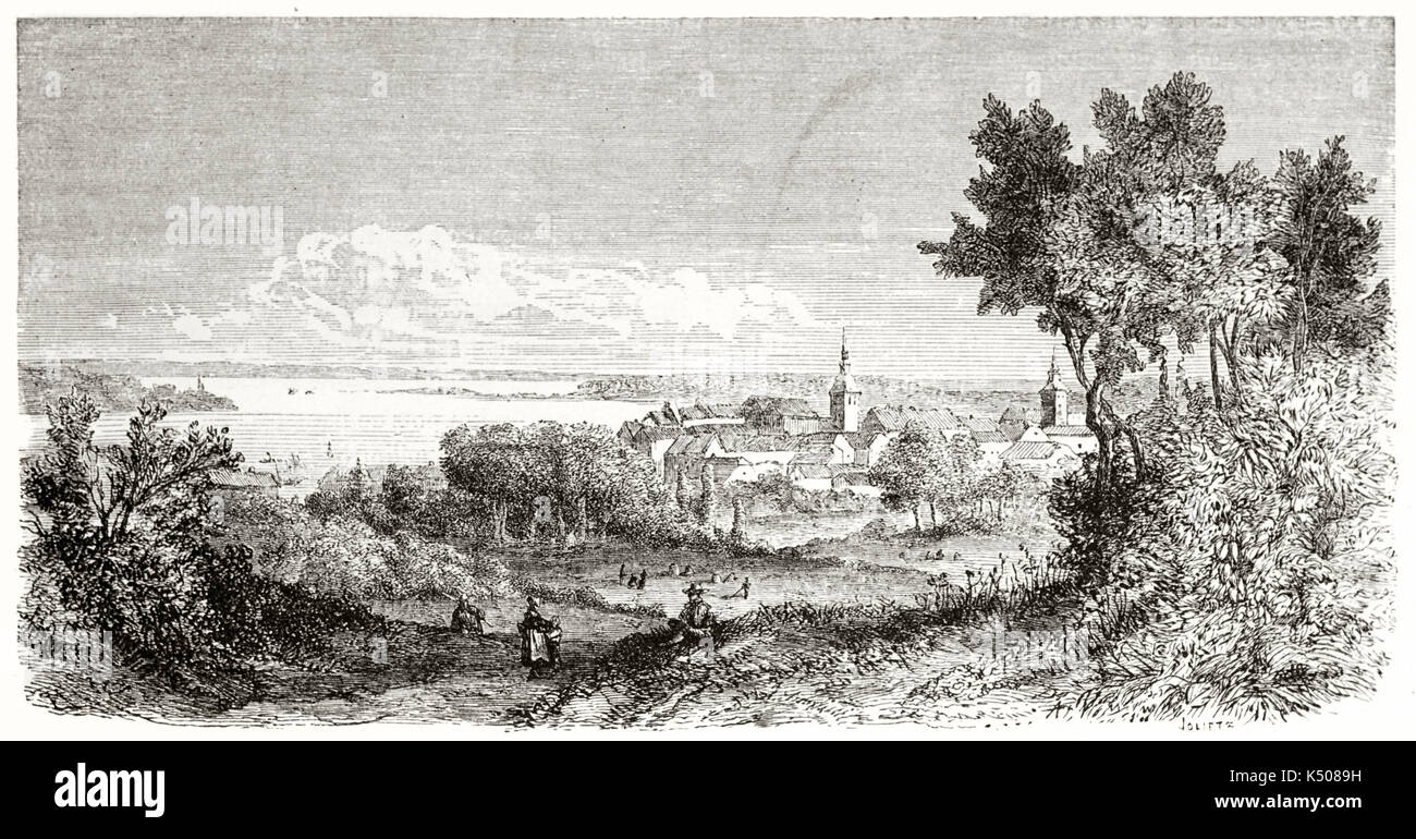Ancient medieval landscape with a little town surrounded by the ...