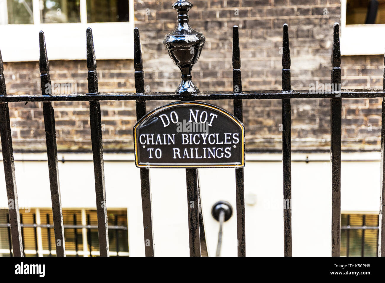 Do not chain bicycles to railings sign, warning sign, London cyclist ...