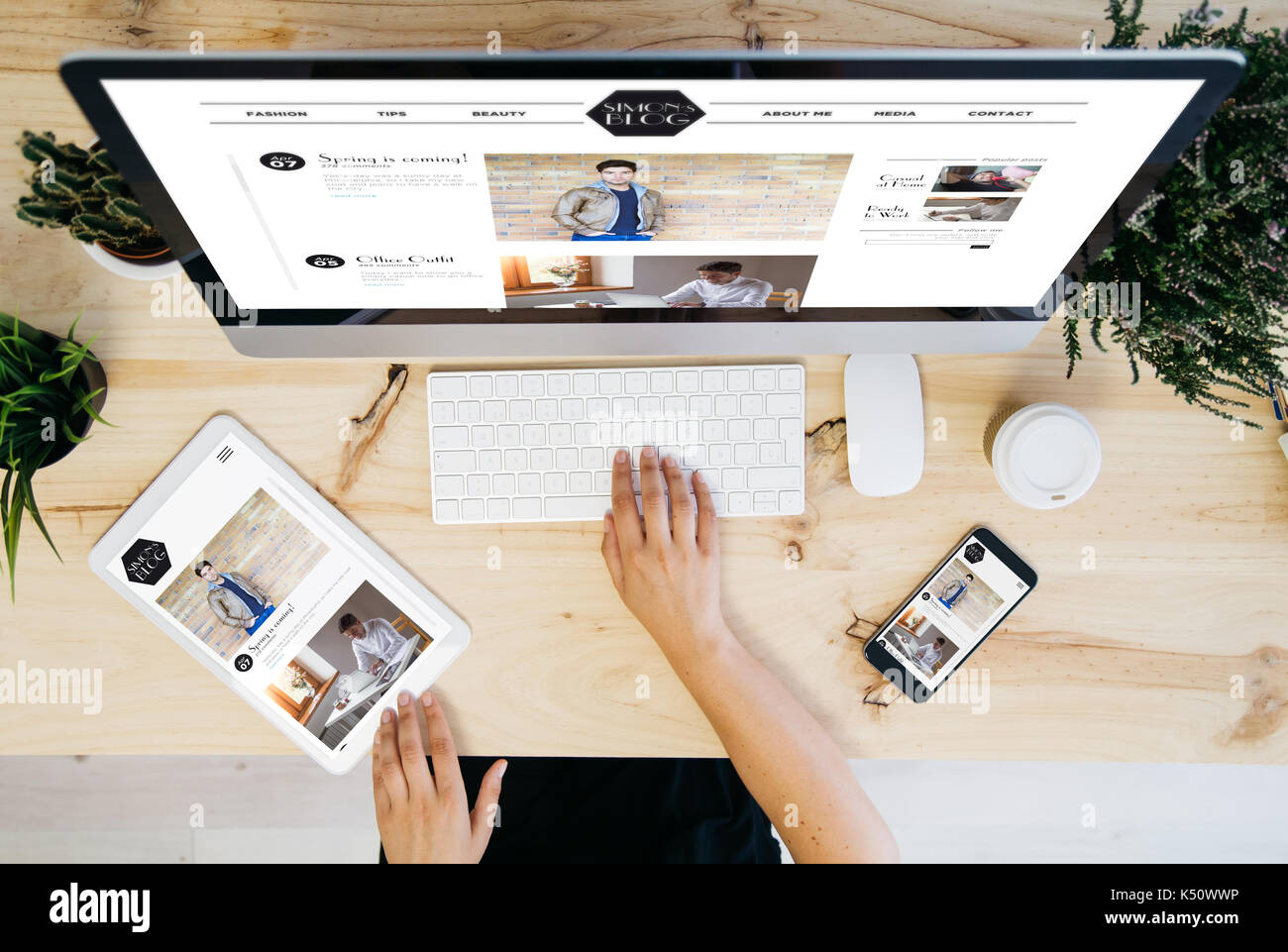overhead desktop with blog website on devices screen Stock Photo - Alamy