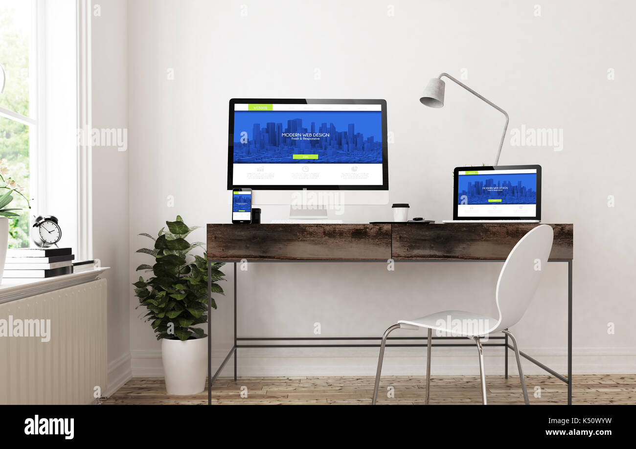 home office devices web design modern 3d rendering Stock Photo - Alamy