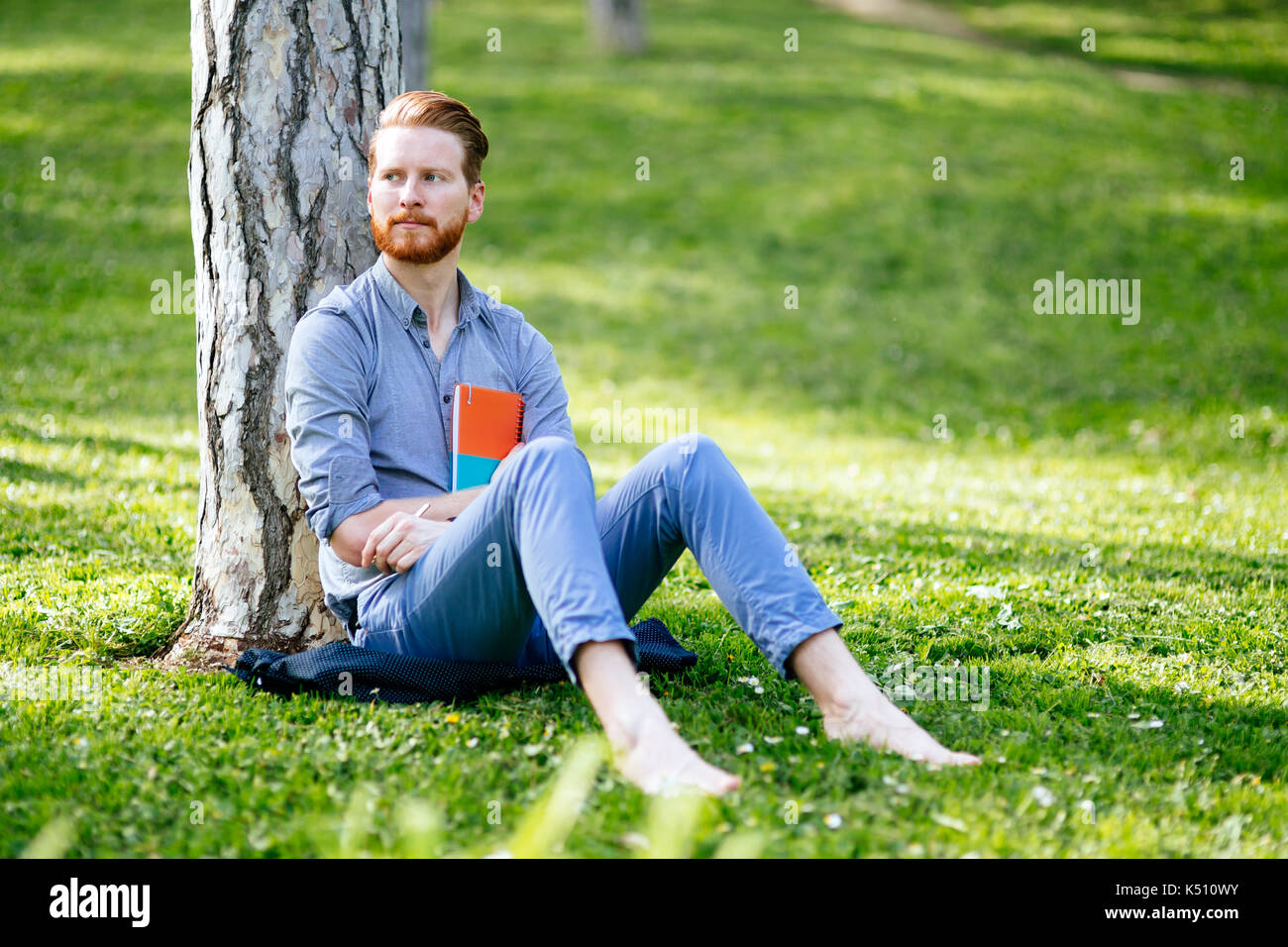 Student studying in park Stock Photo - Alamy