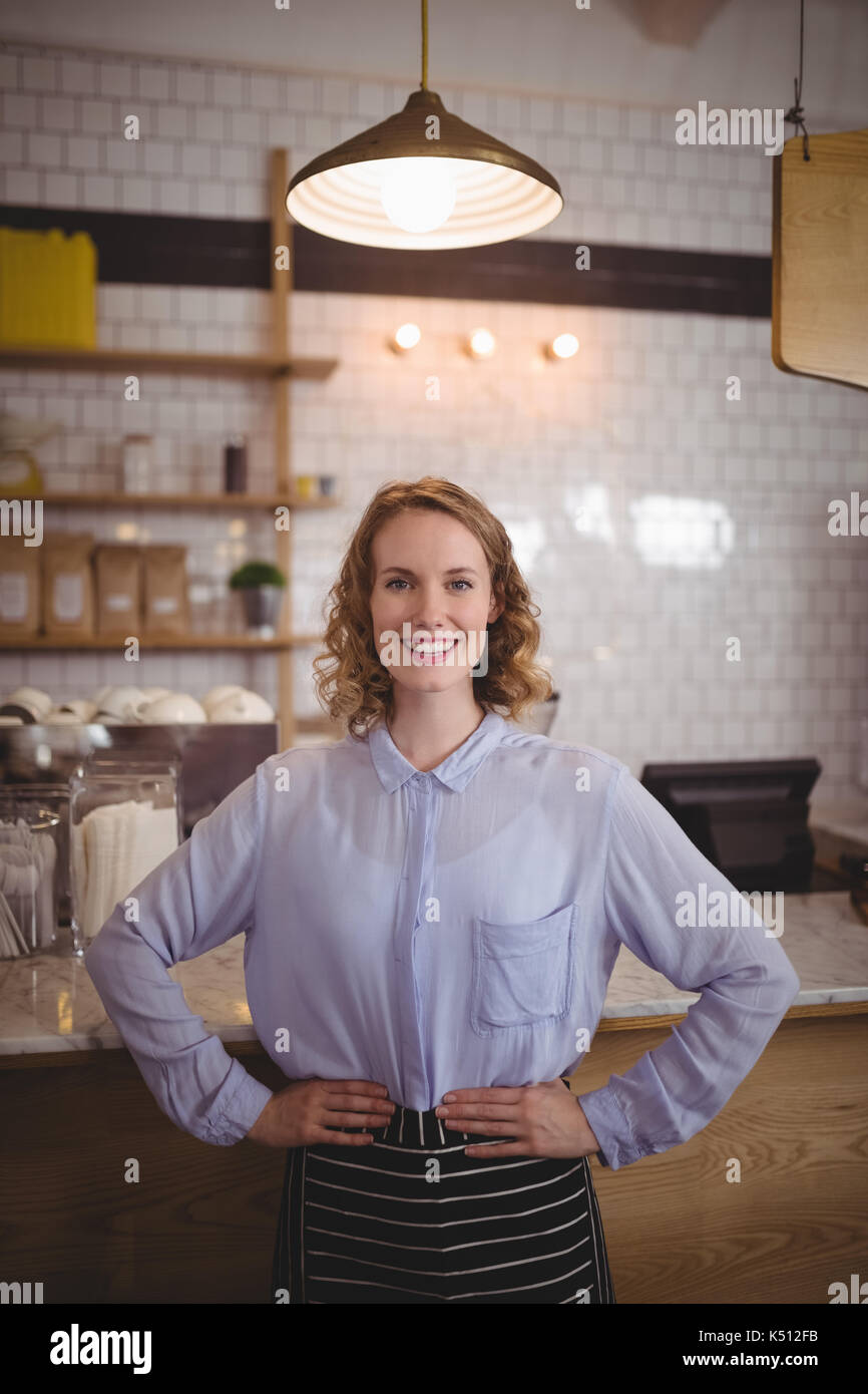 Portrait of smiling young waitress standing with hands on hip against ...