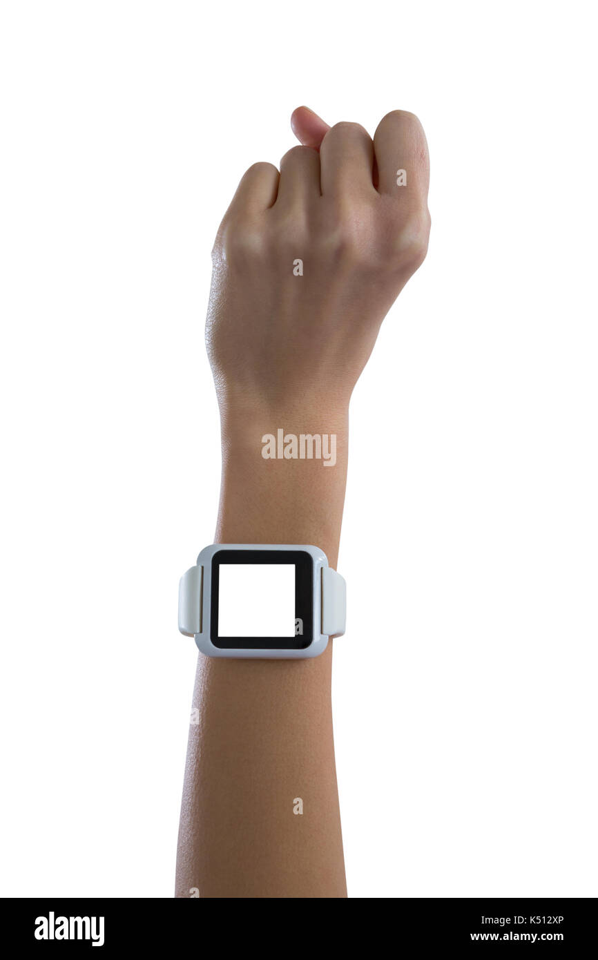 Womans hand showing smartwatch against white background Stock Photo - Alamy