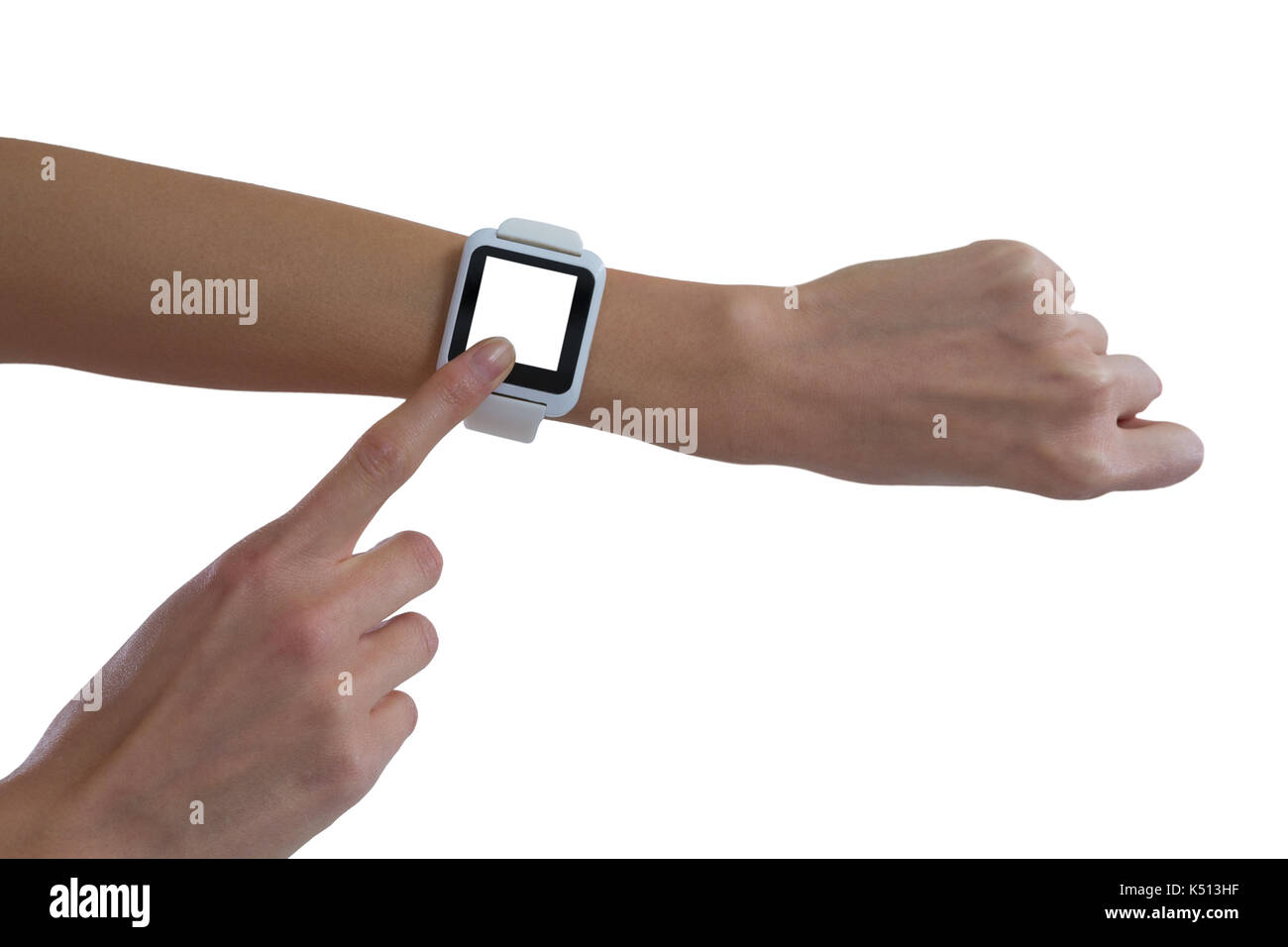 Womans hand using smart watch against white background Stock Photo - Alamy