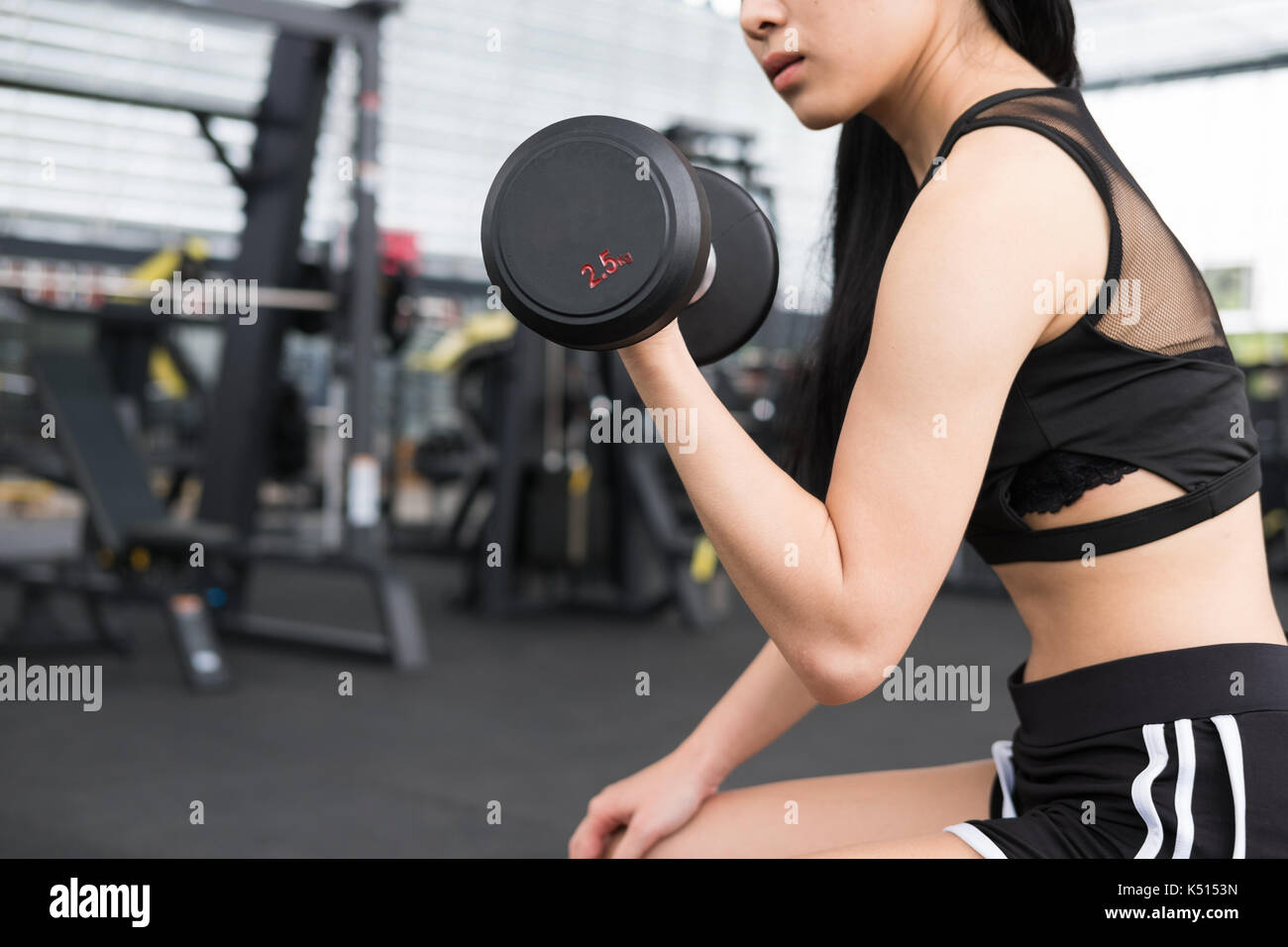 young woman execute exercise in fitness center. female athlete lift dumbbell in gym. sporty ...
