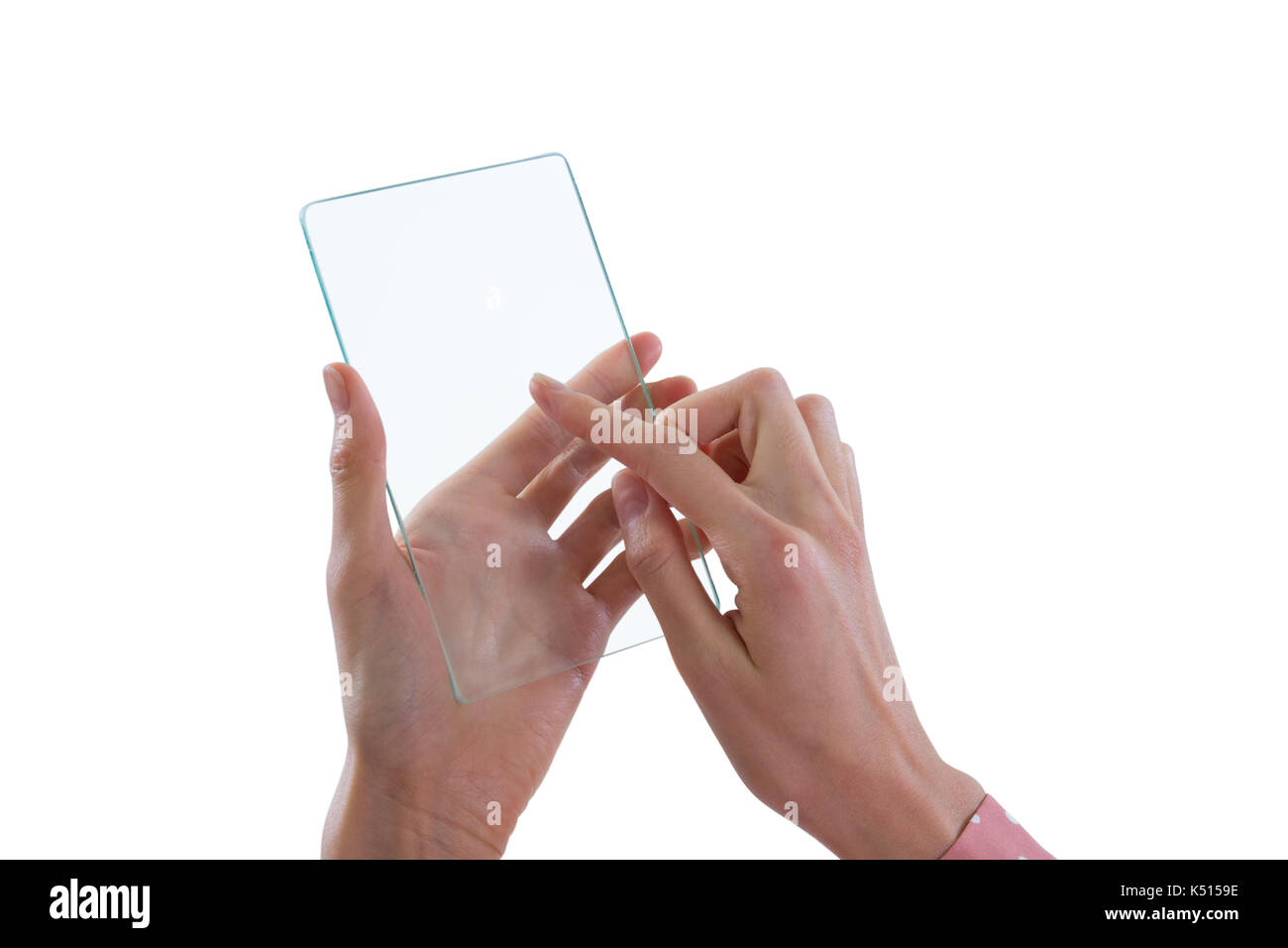 Woman using glass mobile phone against white background Stock Photo - Alamy