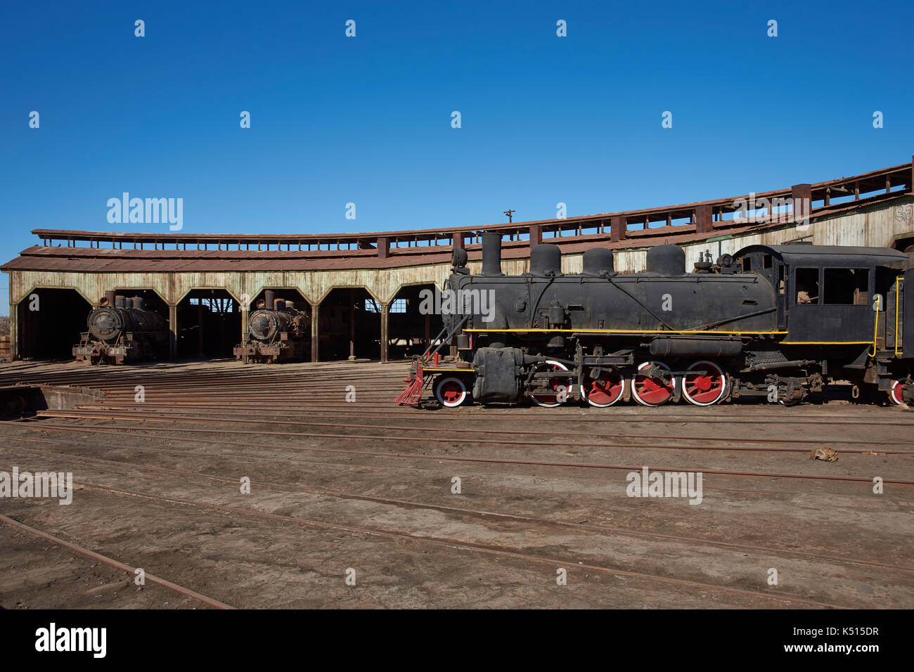 Old steam locomotives at the historic engine shed at Baquedano Railway ...