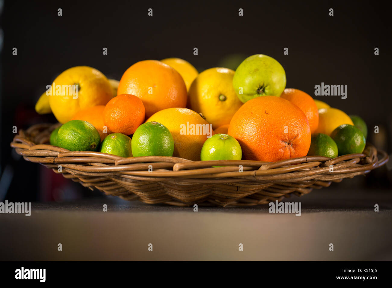 Wooden basket full of fresh fruits for lemonade and smoothies Stock ...